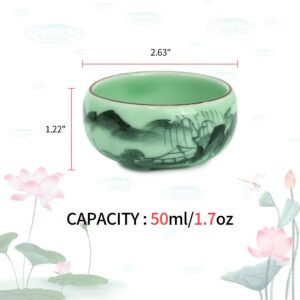 Hotumn Celadon Teacup Porcelain Chinese kungfu Teacup Fishes and Lotus Pattern set of 3