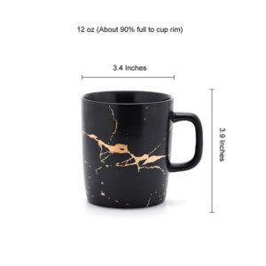 Coffeezone 12 oz Matte Ceramic Marble Tea Coffee Mugs Luxury Gold Inlay (Black, 4 Mugs Gold Marble)