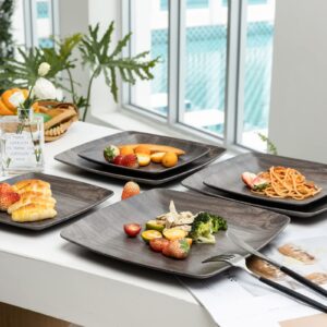 Melamine 12pcs Classic Square Dinnerware Set, Concise Plates and Bowls Set, Service for 4, Dishwasher Safe (Dark-Wood)