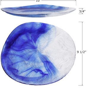 Red Co. White and Blue Etched Wavy Glass Irregular Shaped Dinner Plates, 10" Diameter - Set of 6