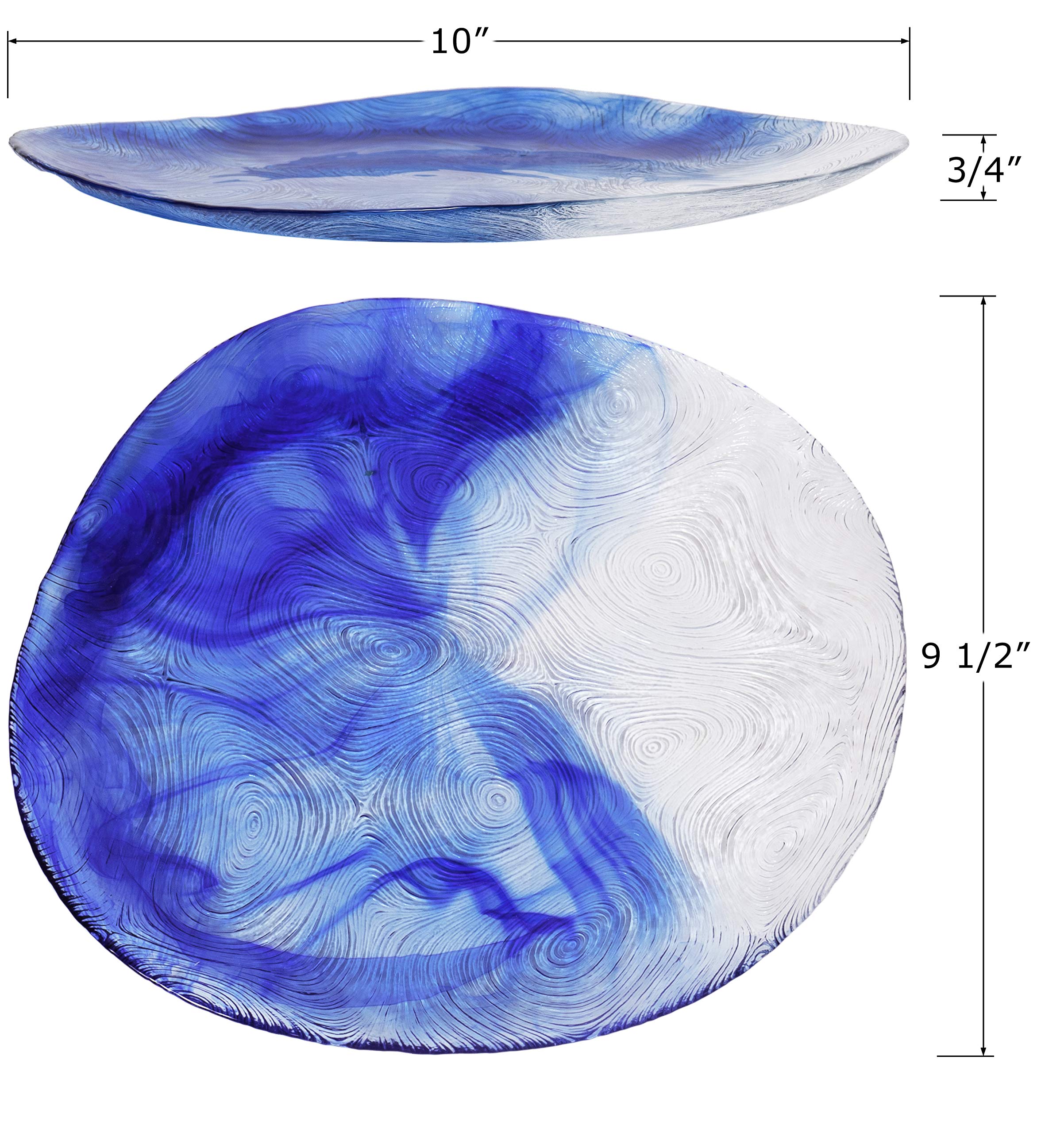 Red Co. White and Blue Etched Wavy Glass Irregular Shaped Dinner Plates, 10" Diameter - Set of 6