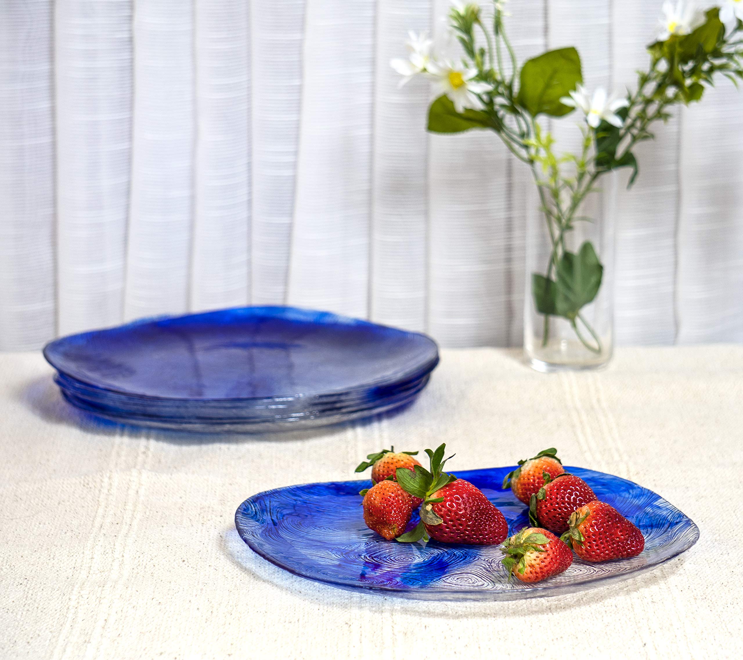 Red Co. White and Blue Etched Wavy Glass Irregular Shaped Dinner Plates, 10" Diameter - Set of 6