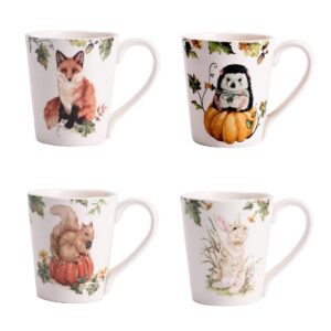 bico woodland critters ceramic mugs, set of 4, for coffee, tea, drinks, microwave & dishwasher safe