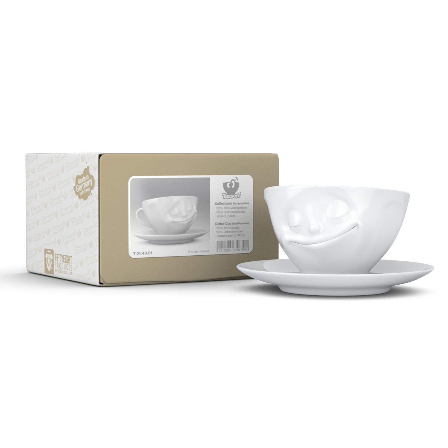 FIFTYEIGHT PRODUCTS TASSEN Porcelain Coffee Cup with Saucer, Happy Face Edition, 6.5 oz. White (Single Cup & Saucer)