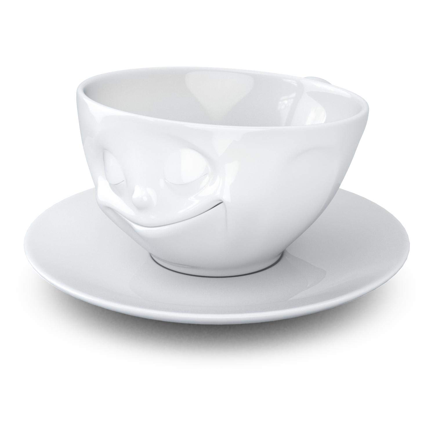 FIFTYEIGHT PRODUCTS TASSEN Porcelain Coffee Cup with Saucer, Happy Face Edition, 6.5 oz. White (Single Cup & Saucer)