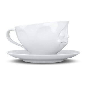 FIFTYEIGHT PRODUCTS TASSEN Porcelain Coffee Cup with Saucer, Happy Face Edition, 6.5 oz. White (Single Cup & Saucer)