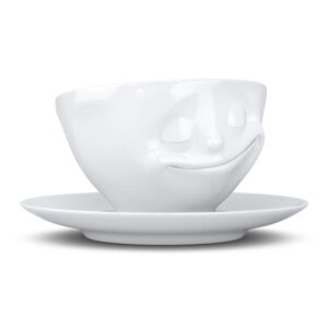 FIFTYEIGHT PRODUCTS TASSEN Porcelain Coffee Cup with Saucer, Happy Face Edition, 6.5 oz. White (Single Cup & Saucer)