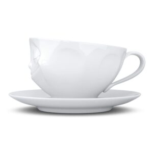 FIFTYEIGHT PRODUCTS TASSEN Porcelain Coffee Cup with Saucer, Happy Face Edition, 6.5 oz. White (Single Cup & Saucer)