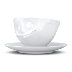 FIFTYEIGHT PRODUCTS TASSEN Porcelain Coffee Cup with Saucer, Happy Face Edition, 6.5 oz. White (Single Cup & Saucer)