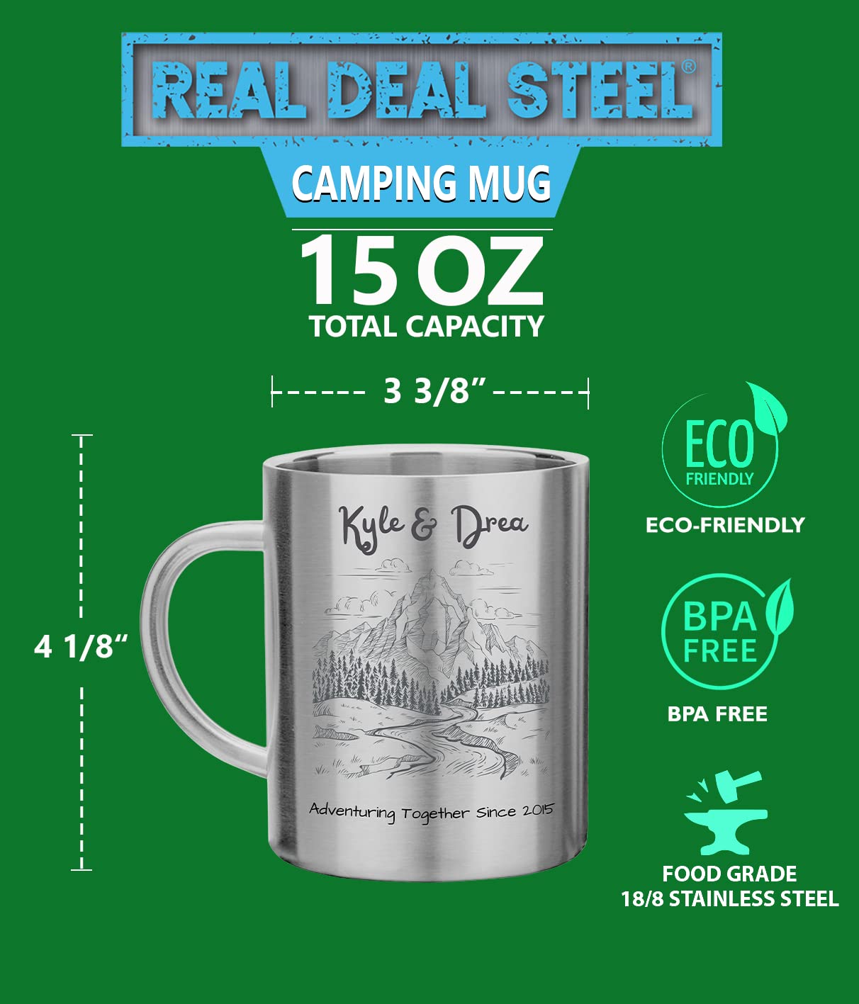 Camping Mug - Personalized Stainless Steel Camp Cup, Insulated, Double Wall for Coffee, Tea (Just Nature)