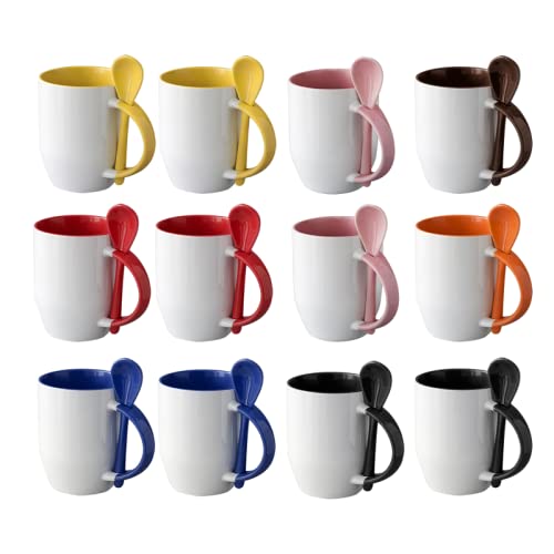 Generic, 12pcs Sublimation 12oz Coffee Mugs With Spoons Blanks, 6 Color to Choose From, Black, Blue, Brown, Orange, Pink, and Yellow.