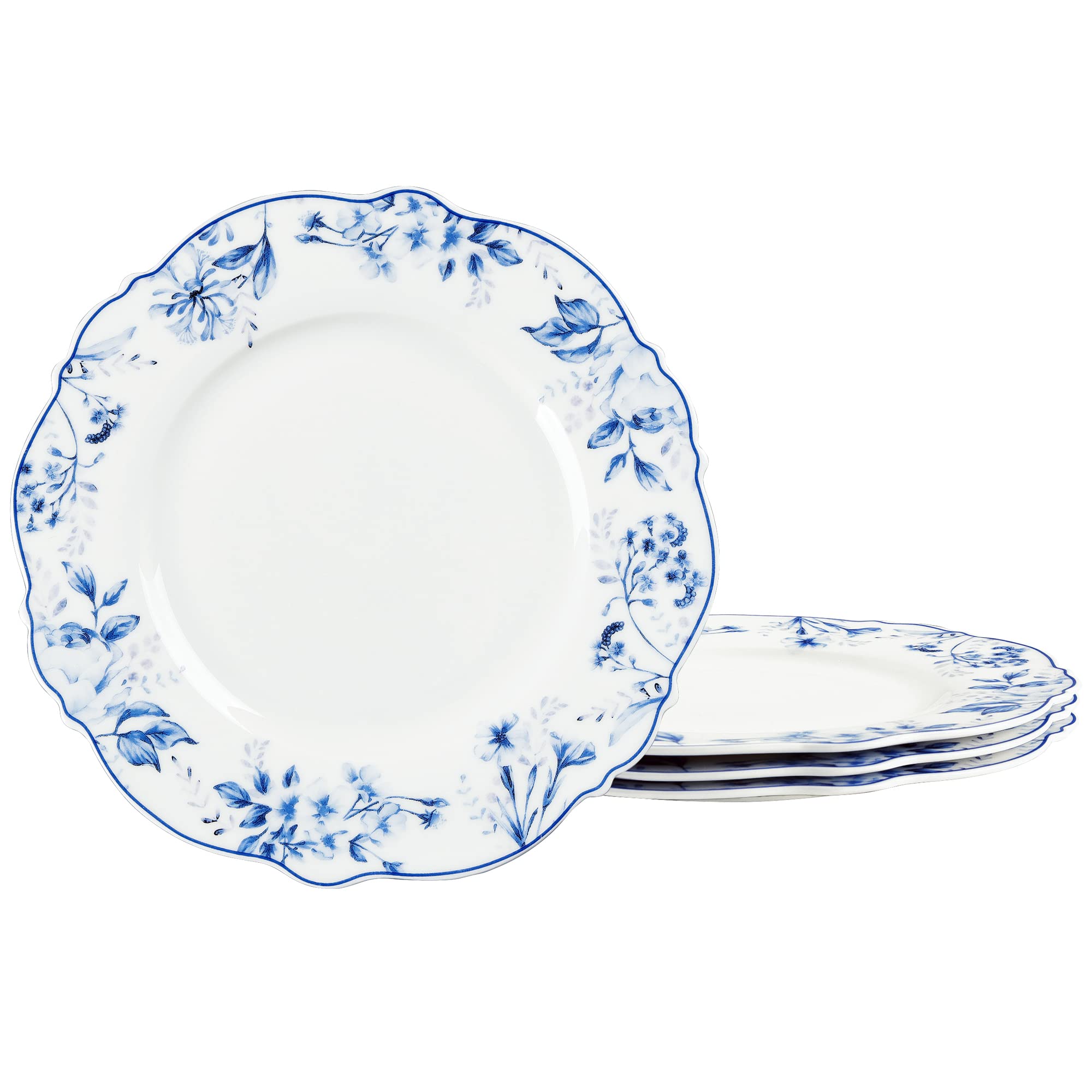 fanquare 8 Inch Blue Floral Porcelain Dessert Plates Set of 4, Scalloped Ceramic Salad Plates for Appetizer, Microwavable Plates