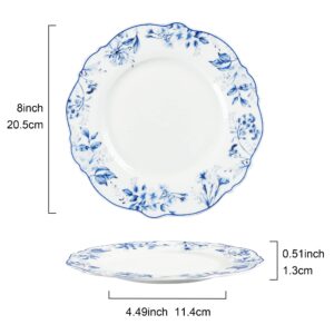 fanquare 8 Inch Blue Floral Porcelain Dessert Plates Set of 4, Scalloped Ceramic Salad Plates for Appetizer, Microwavable Plates