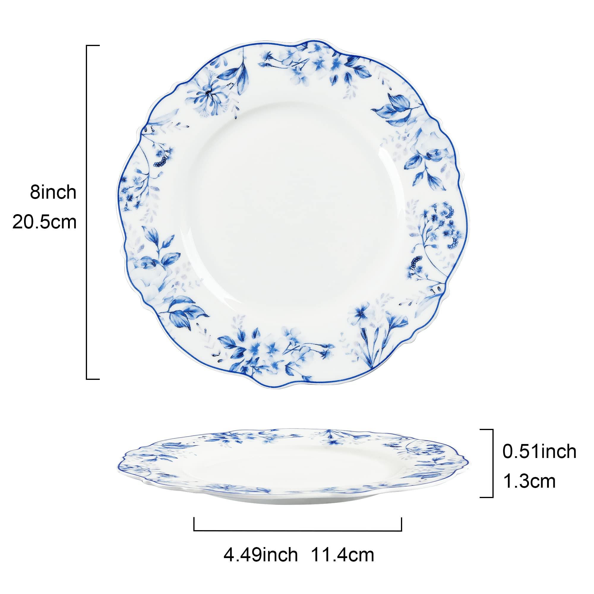 fanquare 8 Inch Blue Floral Porcelain Dessert Plates Set of 4, Scalloped Ceramic Salad Plates for Appetizer, Microwavable Plates