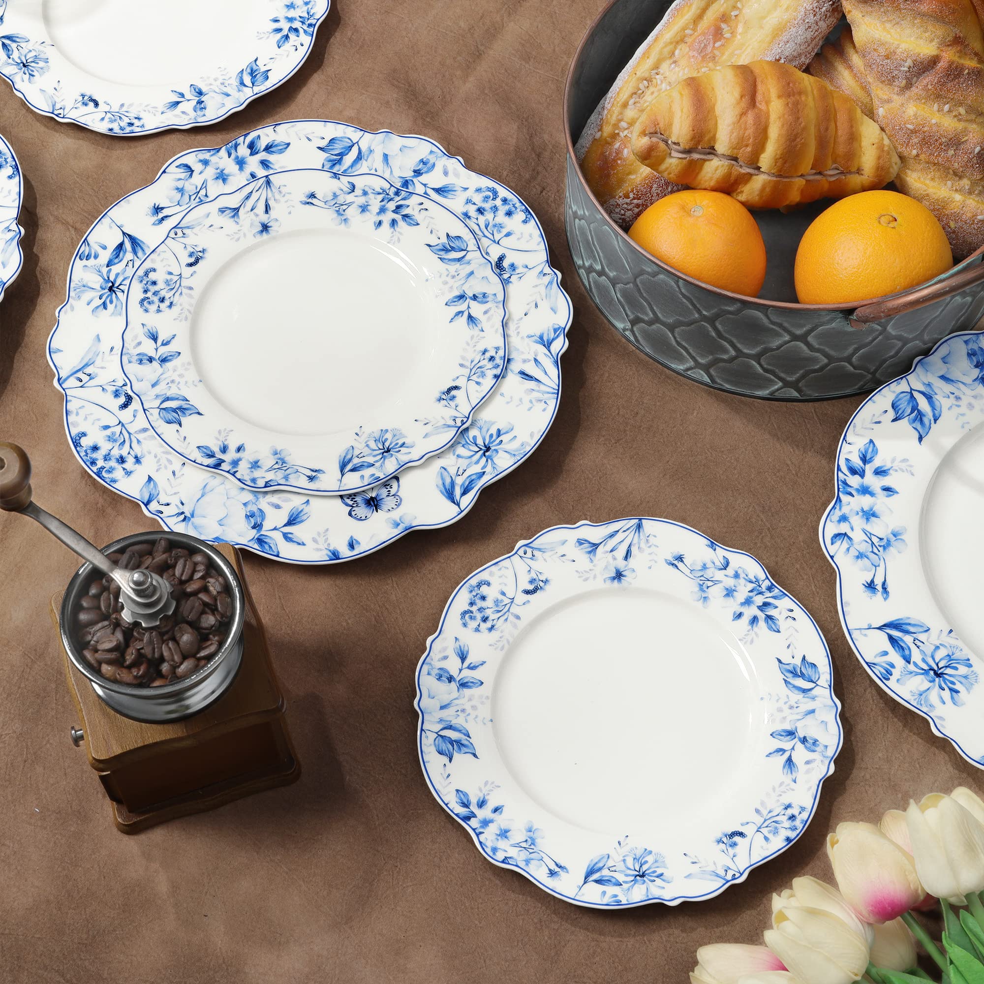 fanquare 8 Inch Blue Floral Porcelain Dessert Plates Set of 4, Scalloped Ceramic Salad Plates for Appetizer, Microwavable Plates