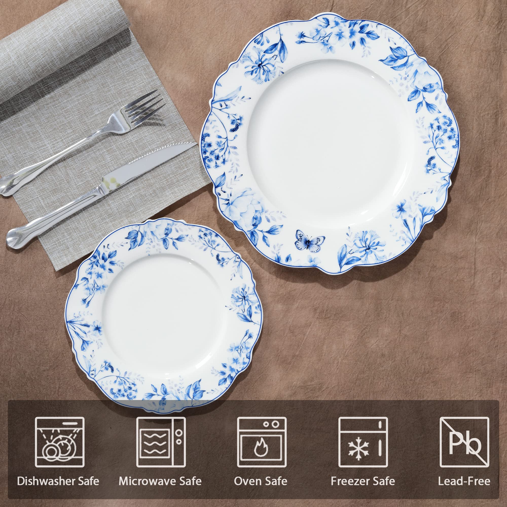 fanquare 8 Inch Blue Floral Porcelain Dessert Plates Set of 4, Scalloped Ceramic Salad Plates for Appetizer, Microwavable Plates