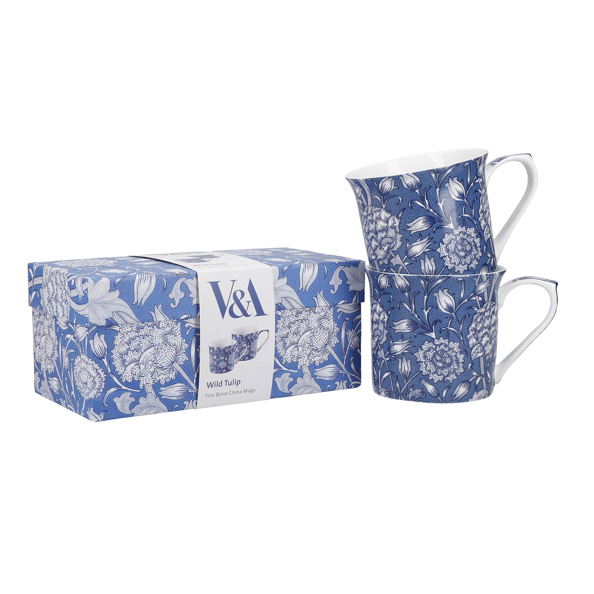 V&A Coffee and Tea Mugs, Porcelain Bone China Mug, William Morris Wild Tulip Design, 300ml, Set of 2, Gift Boxed