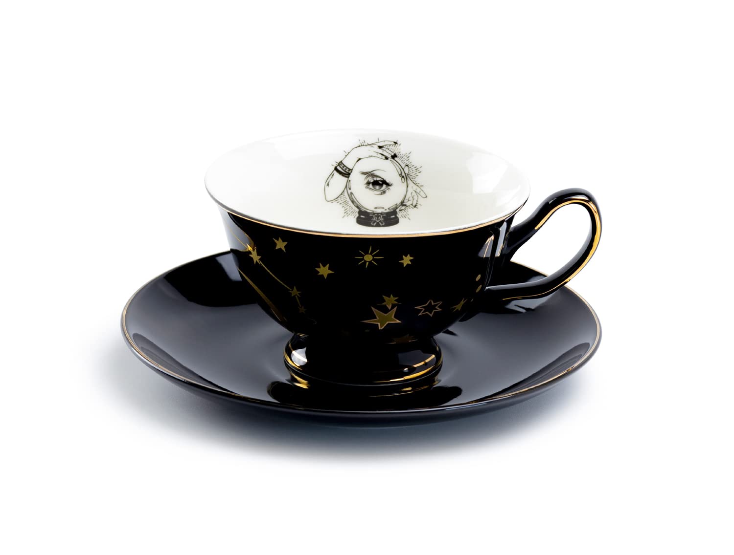 Grace Teaware Witch Crystal Black Gold Tea Cup and Saucer with Gold Trim Halloween Black White and Gold