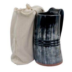 honglays ox horn mug-natural buffalo horn viking drinking mug viking mug cup (with ring carving in redwood bottom)