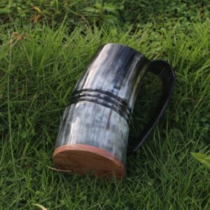 HONGLAYS Ox Horn Mug-Natural Buffalo Horn Viking Drinking Mug Viking Mug Cup (With Ring carving in Redwood Bottom)