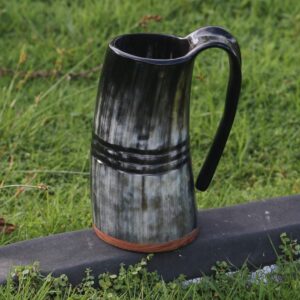 HONGLAYS Ox Horn Mug-Natural Buffalo Horn Viking Drinking Mug Viking Mug Cup (With Ring carving in Redwood Bottom)