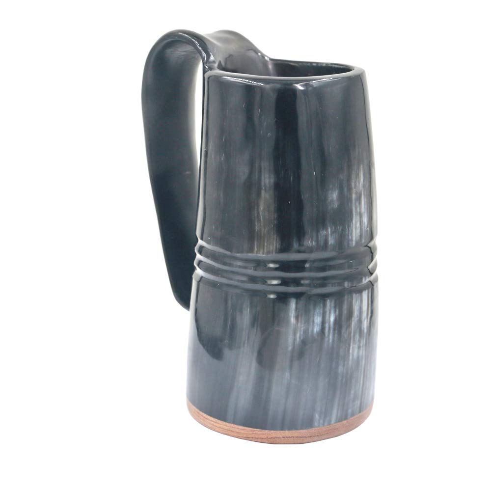 HONGLAYS Ox Horn Mug-Natural Buffalo Horn Viking Drinking Mug Viking Mug Cup (With Ring carving in Redwood Bottom)