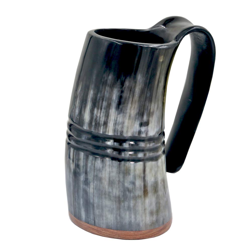 HONGLAYS Ox Horn Mug-Natural Buffalo Horn Viking Drinking Mug Viking Mug Cup (With Ring carving in Redwood Bottom)