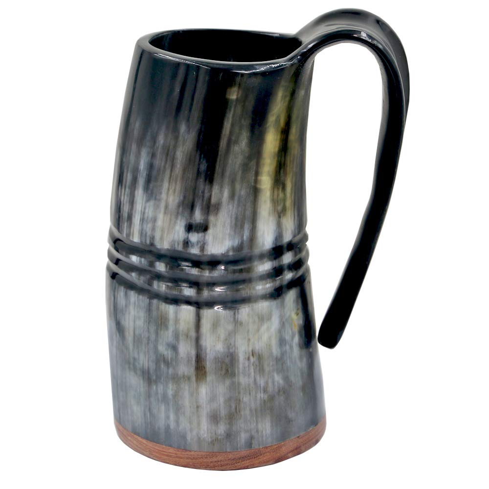 HONGLAYS Ox Horn Mug-Natural Buffalo Horn Viking Drinking Mug Viking Mug Cup (With Ring carving in Redwood Bottom)