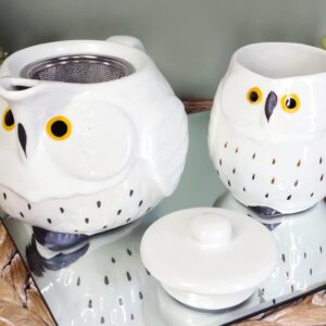 Ebros Gift Whimsical White Fat Snow Owl Ceramic 16oz Tea Pot With 2 Cups Set With Stainless Steel Strainer As Teapots And Teacups Home Decor Of Owls Owlet Nocturnal Bird