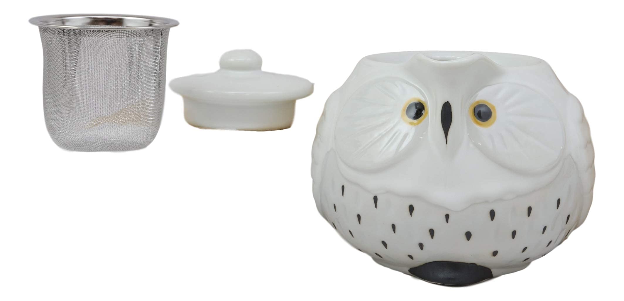 Ebros Gift Whimsical White Fat Snow Owl Ceramic 16oz Tea Pot With 2 Cups Set With Stainless Steel Strainer As Teapots And Teacups Home Decor Of Owls Owlet Nocturnal Bird