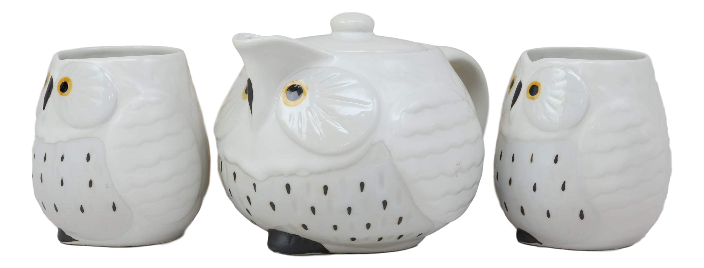 Ebros Gift Whimsical White Fat Snow Owl Ceramic 16oz Tea Pot With 2 Cups Set With Stainless Steel Strainer As Teapots And Teacups Home Decor Of Owls Owlet Nocturnal Bird