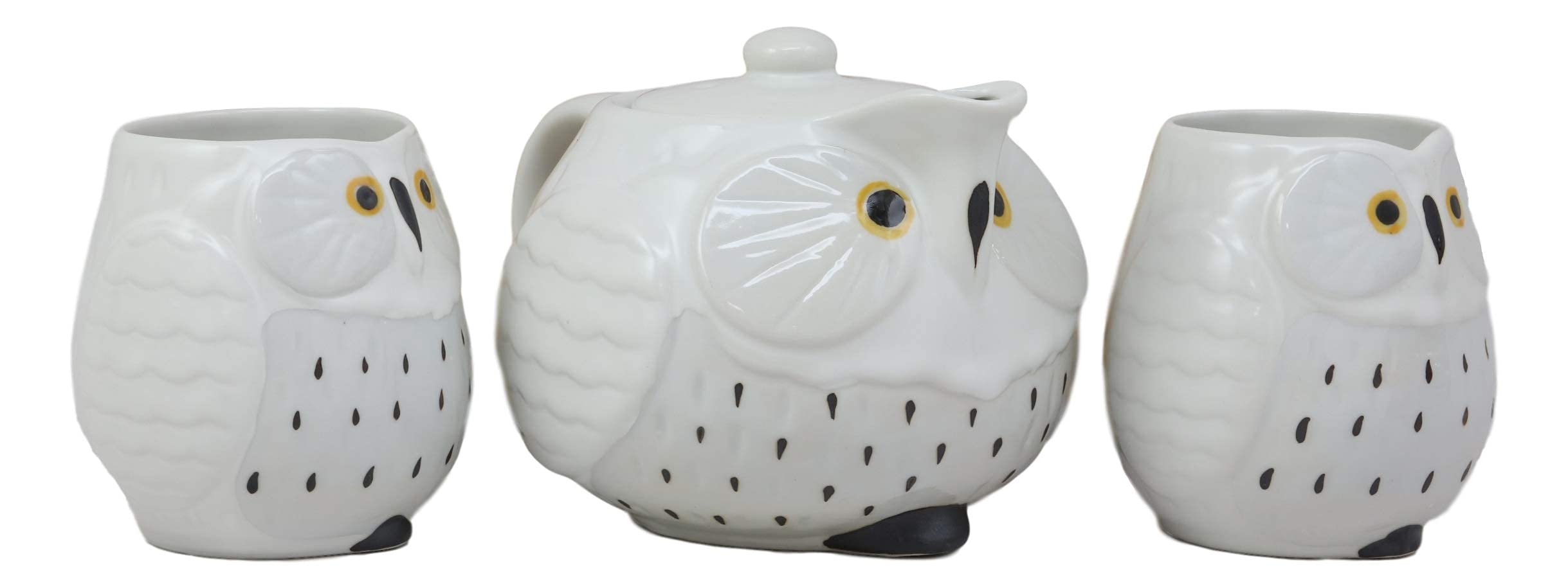 Ebros Gift Whimsical White Fat Snow Owl Ceramic 16oz Tea Pot With 2 Cups Set With Stainless Steel Strainer As Teapots And Teacups Home Decor Of Owls Owlet Nocturnal Bird