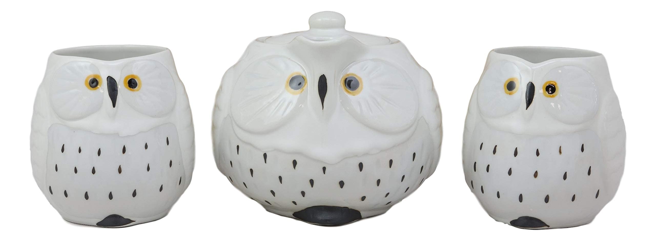 Ebros Gift Whimsical White Fat Snow Owl Ceramic 16oz Tea Pot With 2 Cups Set With Stainless Steel Strainer As Teapots And Teacups Home Decor Of Owls Owlet Nocturnal Bird