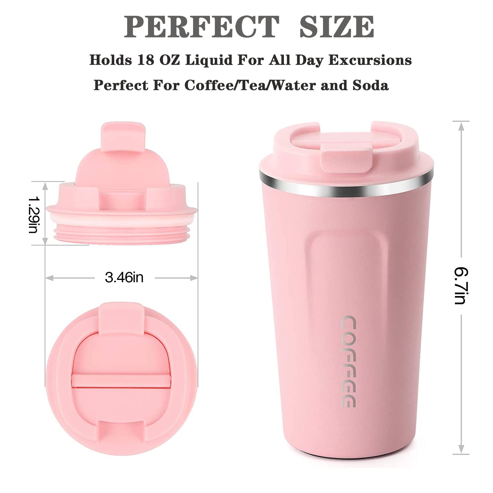 Insulated Coffee Mug with Lid, 18oz Vacuum Stainless Steel Tea Tumbler Cup, Durable Double Wall Leak-Proof Reusable Coffee Cup Thermos Mug for Travel Office School Party Camping (Pink)