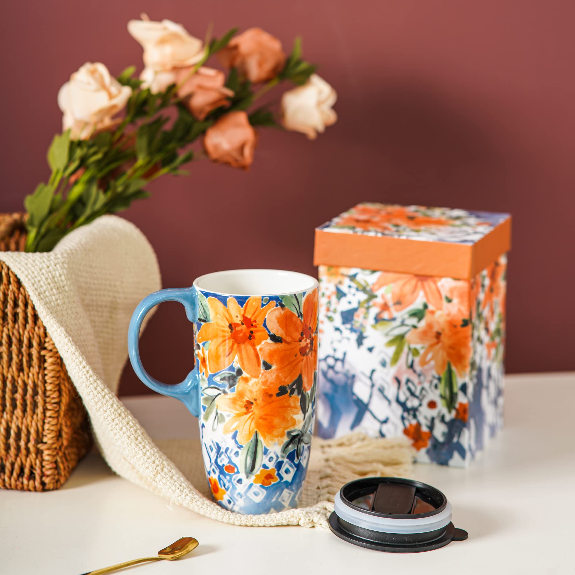 Topadorn Ceramic Coffee Mug Travel Cup Gift with Lid 17oz., Porcelain Tall Tea Cup with Handle for Home & Office, Orange Flower Art Pattern Mug in Gift Box, 6.5" H