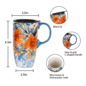 Topadorn Ceramic Coffee Mug Travel Cup Gift with Lid 17oz., Porcelain Tall Tea Cup with Handle for Home & Office, Orange Flower Art Pattern Mug in Gift Box, 6.5" H