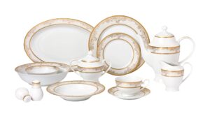 lorren home trends 57 piece 'chloe' bone china dinnerware set (service for 8 people), gold