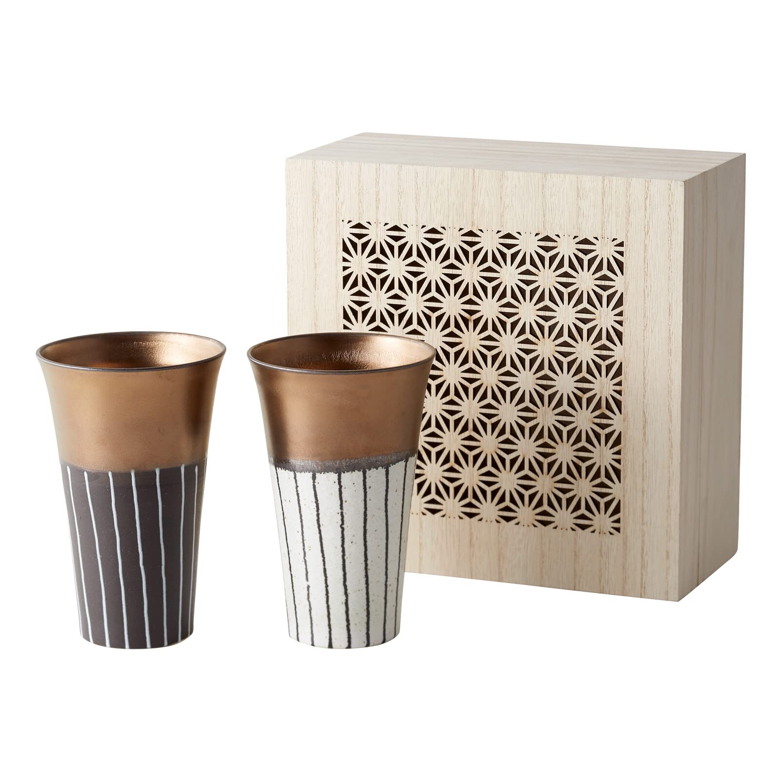 KIKYOUYA Japanese Modern Tea Cup Ceramic Coffee Cup with Delicate Gift Box, Made In Japan, Set of 2 (Vertical stripe)