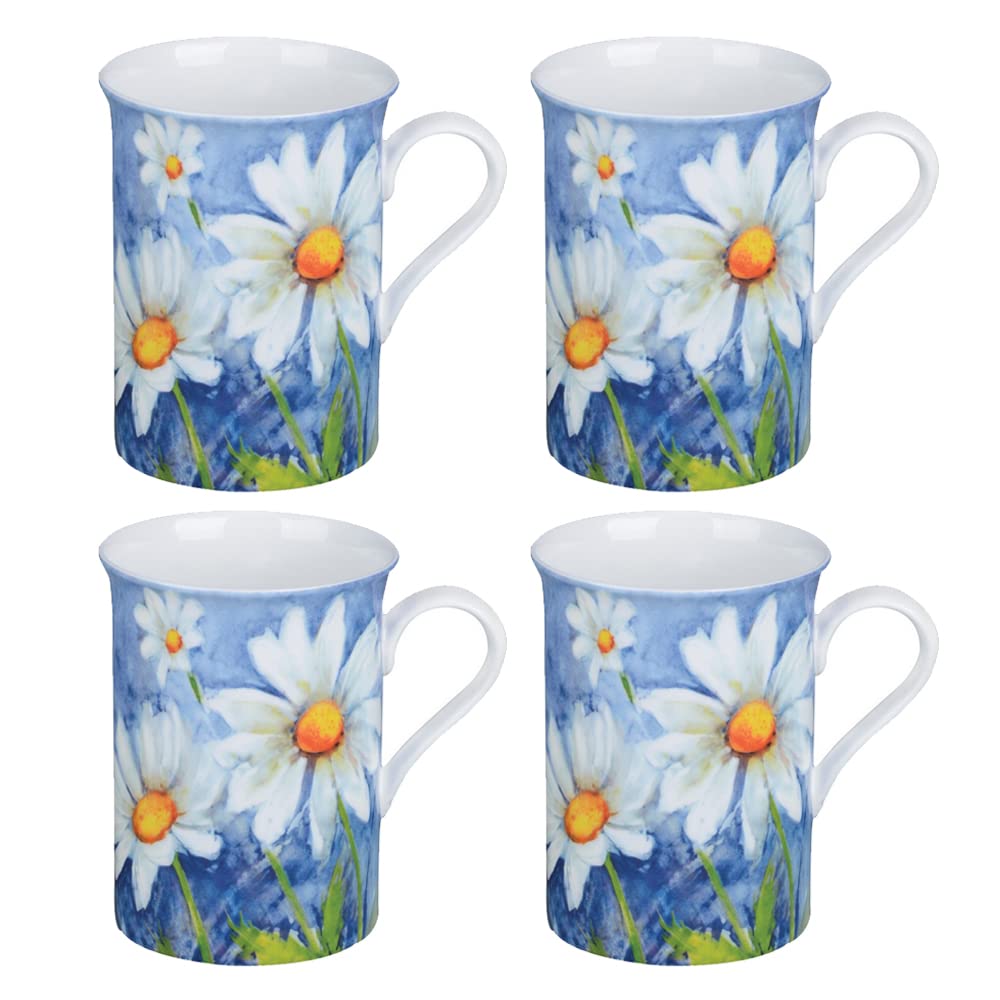 Gracie Bone China by Coastline Imports White Daisies Pastel Blue 9-Ounce Mug, Set of 4