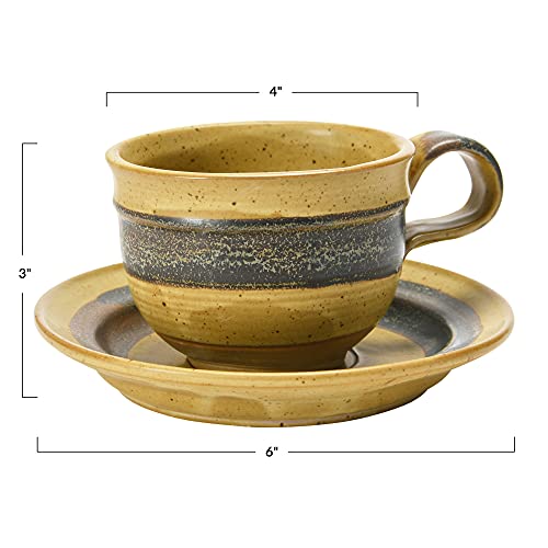 Creative Co-Op S/2 Stoneware Cup w Saucer Mug Set, 6.25", Brown & Black