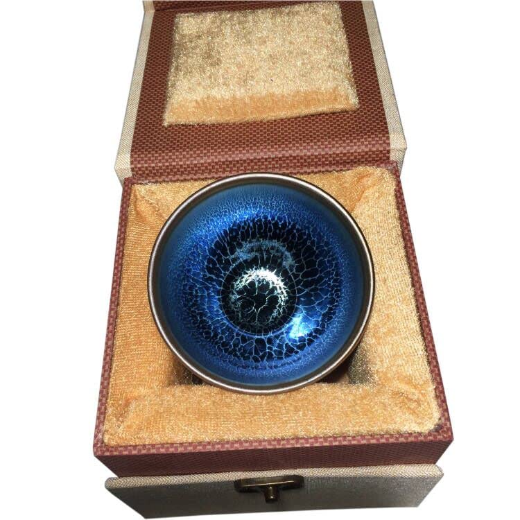 Apingjenz Blue Lotus Jianzhan Tenmokus Porcelain Tea Cup Ceramic Tea Bowl with great glaze 120ml 4.06oz Crafts Gift Box, Ø8.6 x 5.5cm(Ø3.39in x 2.17in)