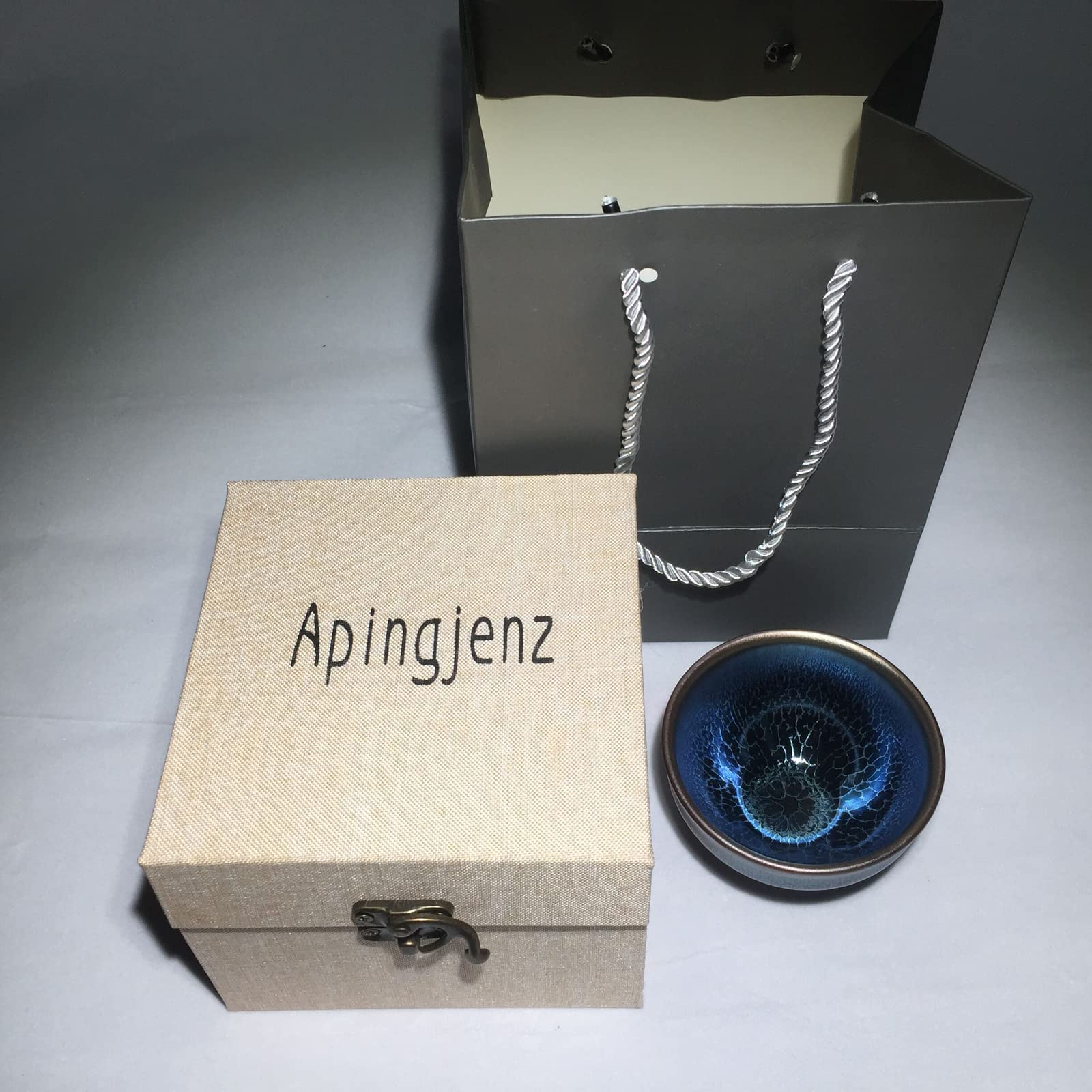 Apingjenz Blue Lotus Jianzhan Tenmokus Porcelain Tea Cup Ceramic Tea Bowl with great glaze 120ml 4.06oz Crafts Gift Box, Ø8.6 x 5.5cm(Ø3.39in x 2.17in)