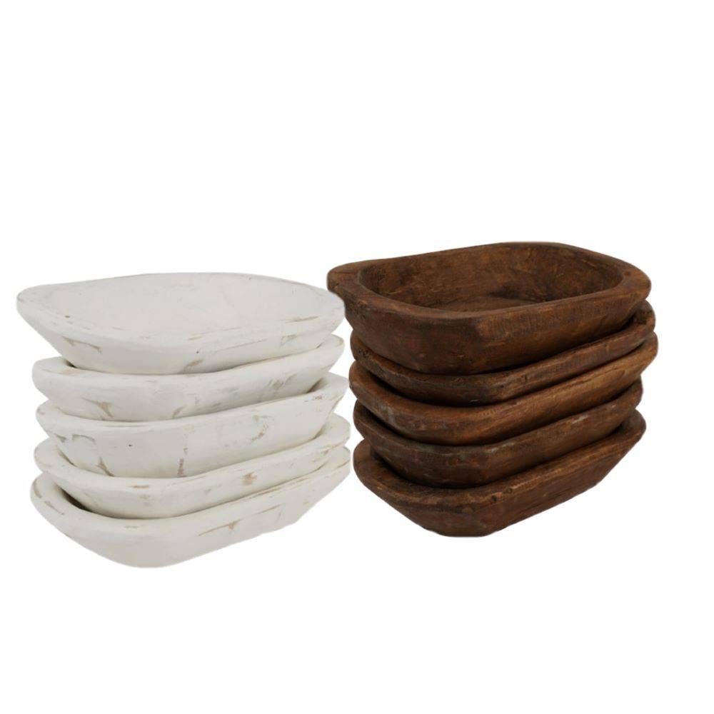 Rustic Dough Bowl - Handmade - Wood - Half Starter Pack - Quantity 10 "5.5-6 x 11-12 x 1.5-2.5 inches" Mini Waxed & White Mixed-10