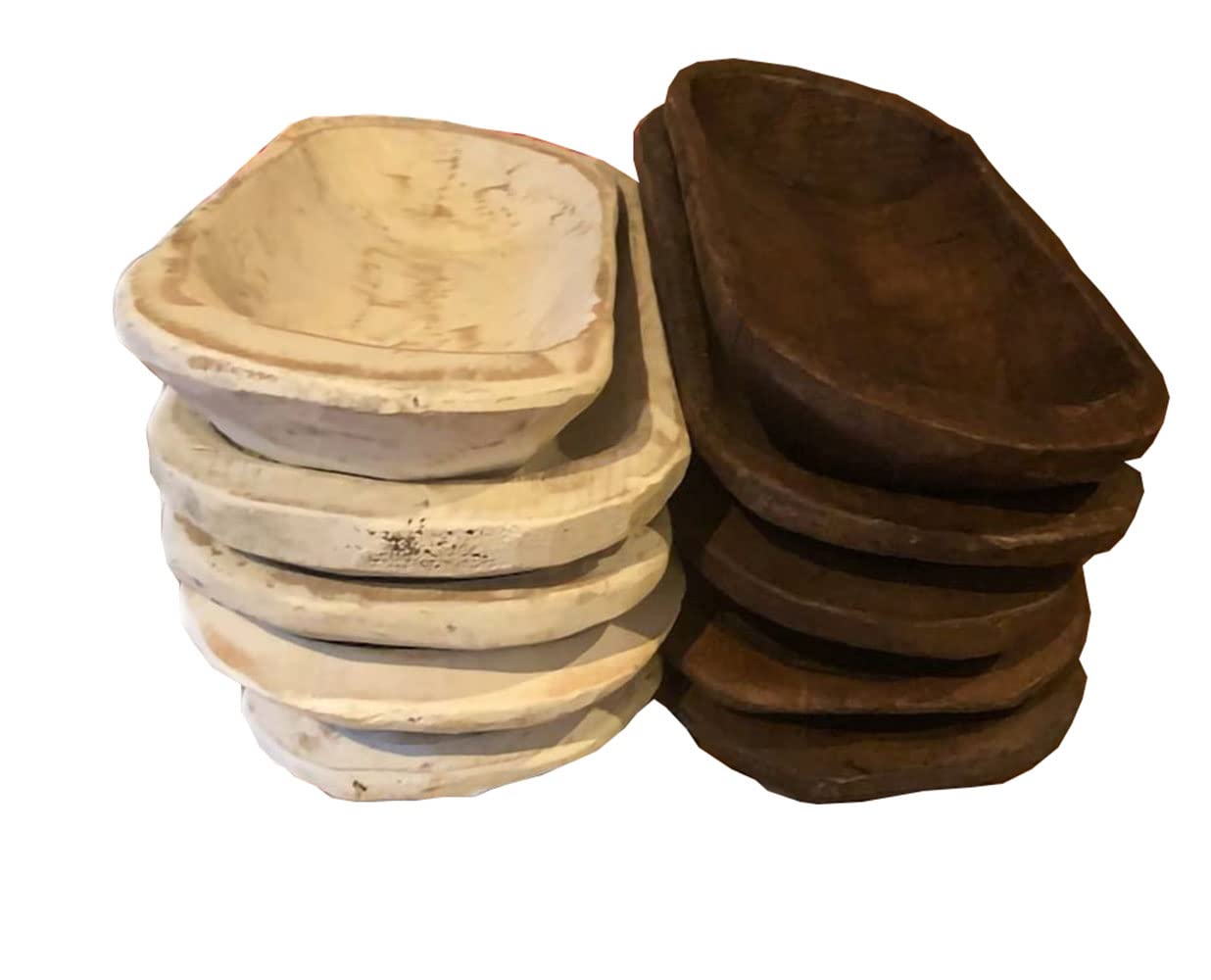 Rustic Dough Bowl - Handmade - Wood - Half Starter Pack - Quantity 10 "5.5-6 x 11-12 x 1.5-2.5 inches" Mini Waxed & White Mixed-10