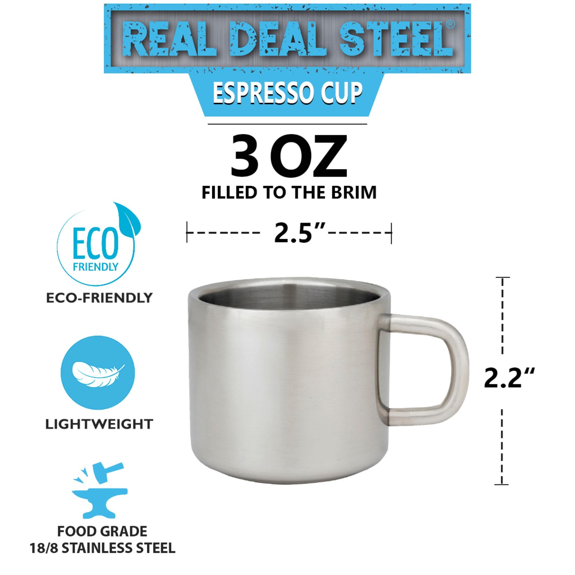 Real Deal Steel "Little Sipper 3 oz Insulated Espresso Cups - Premium Double Wall Set of 4 Demitasse