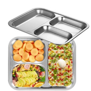 xuwaidsgn 4 pack 3 section stainless steel divided plate rectangular tray portable dinnerware camping dishes compact serving platter dinner snack treat for lunch dinner camping