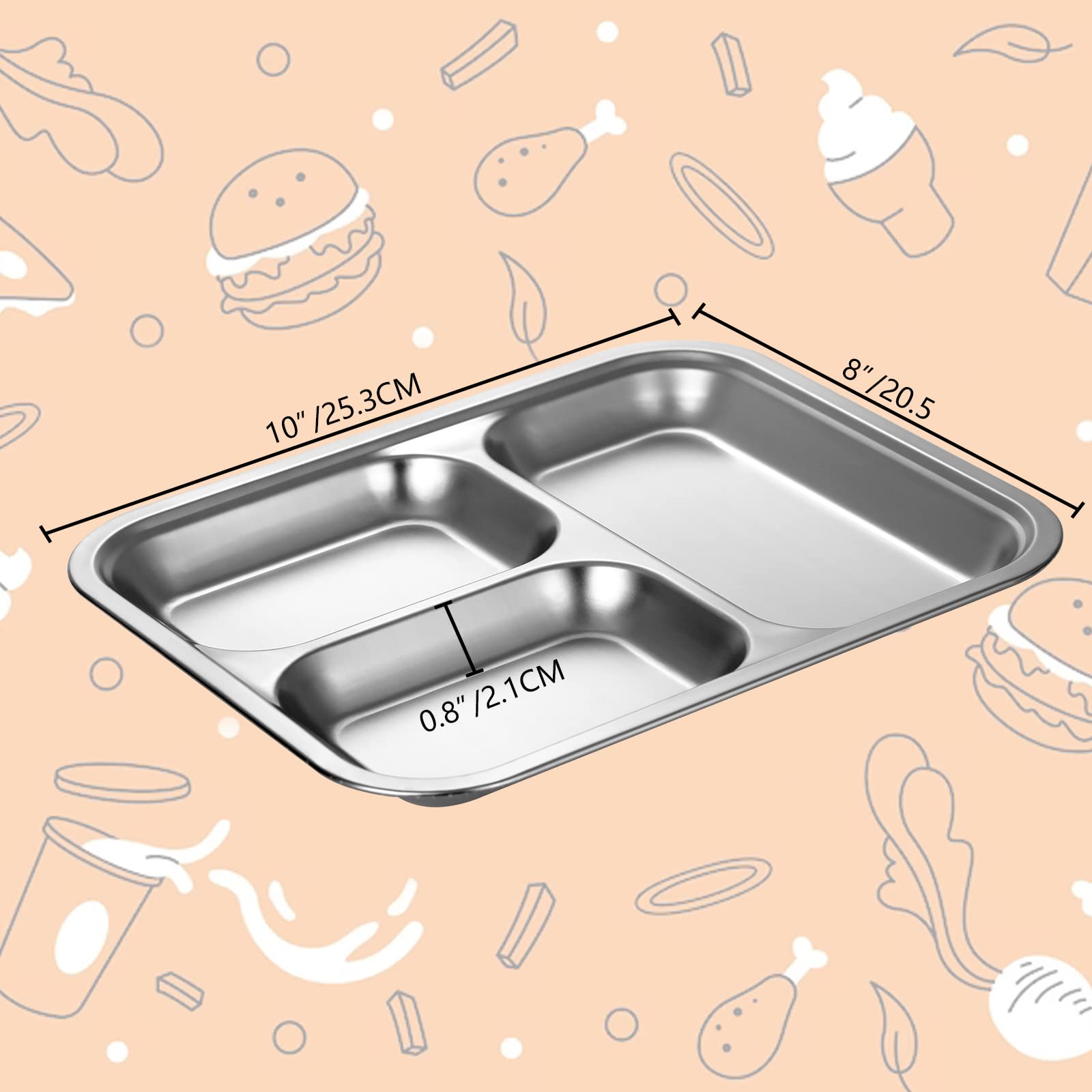 XUWAIDSGN 4 Pack 3 Section Stainless Steel Divided Plate Rectangular Tray Portable Dinnerware Camping Dishes Compact Serving Platter Dinner Snack Treat for Lunch Dinner Camping