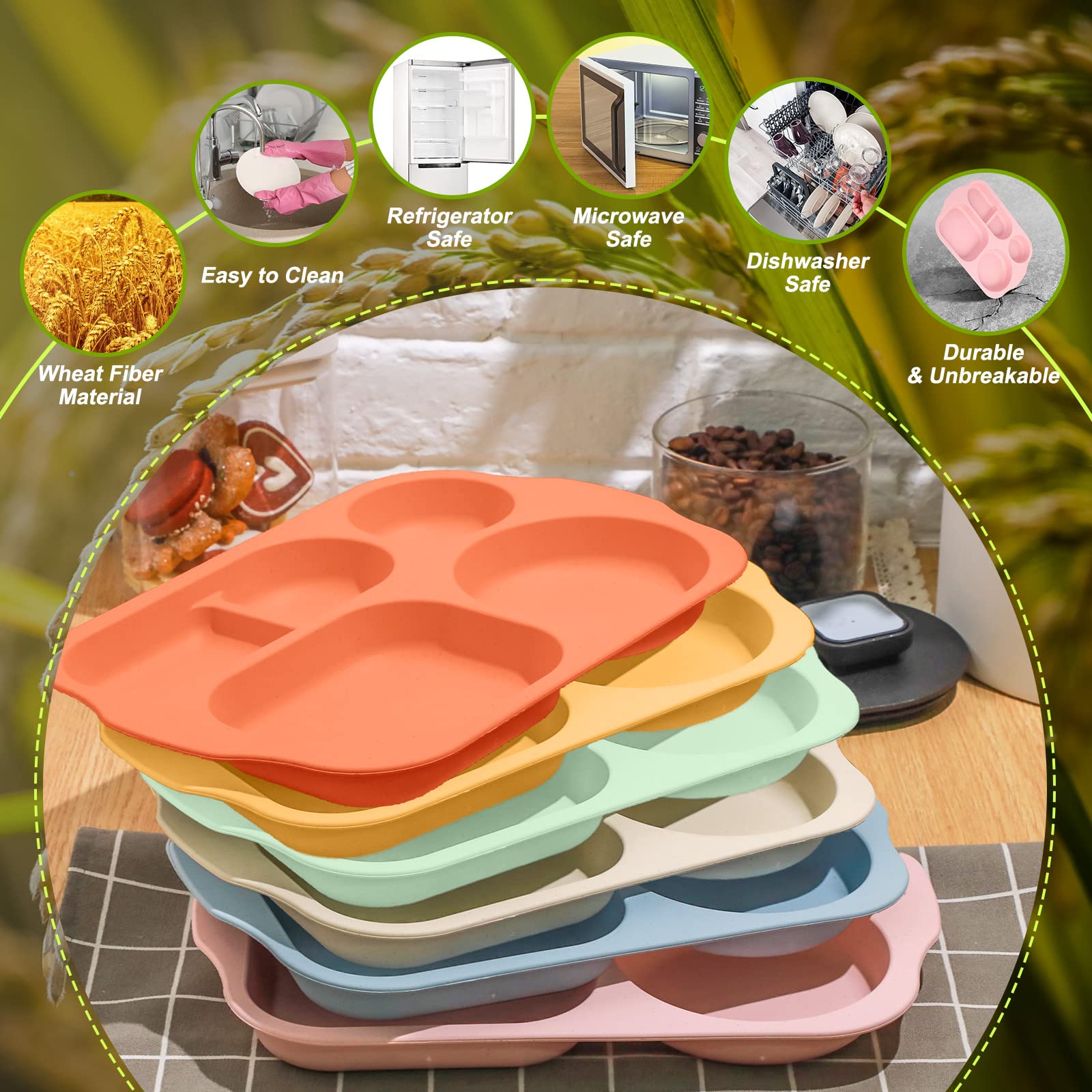 Sumind 12 Pcs Unbreakable Divided Plate 12" Reusable Portion Control Plate Plastic Lunch Tray Lightweight Microwave Safe Compartment Plate for Adults Kids Toddler Fast Food(Bright Color)