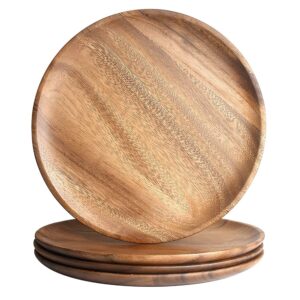 iqcwood wooden dinner plates, 11 inch round wood dinner plates set of 4, acacia wooden plates round tray serving platter for food sandwich dessert snack plates