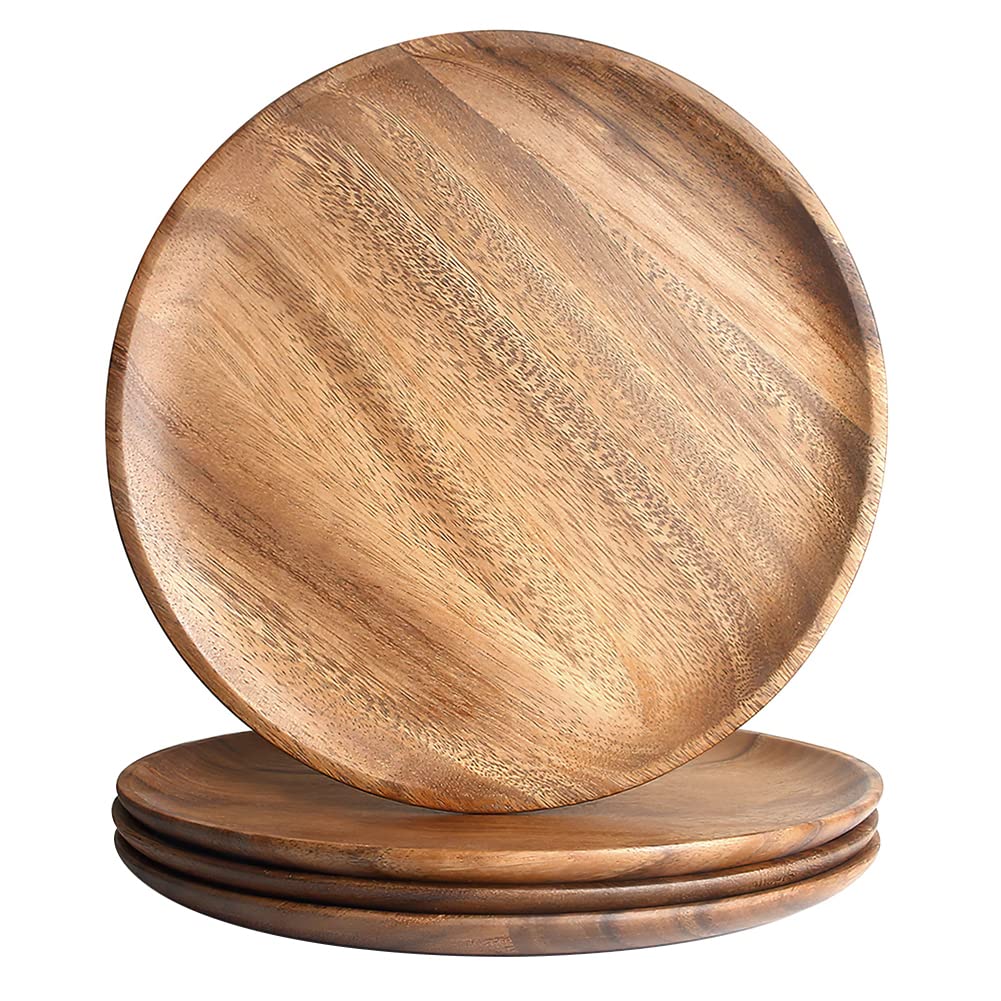 IQCWOOD Wooden Dinner Plates, 11 Inch Round Wood Dinner Plates Set of 4, Acacia Wooden Plates Round Tray Serving Platter for Food Sandwich Dessert Snack Plates